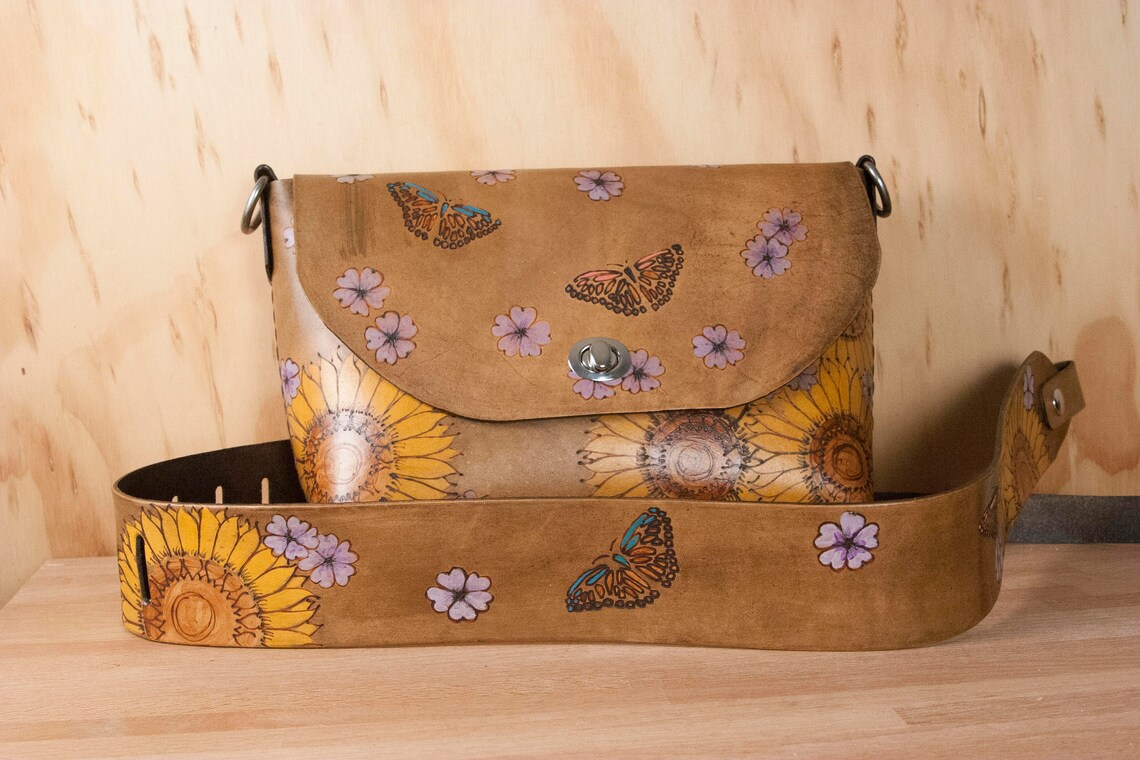 Brown Leather Crossbody Bag Sunflower pattern with flowers | Etsy