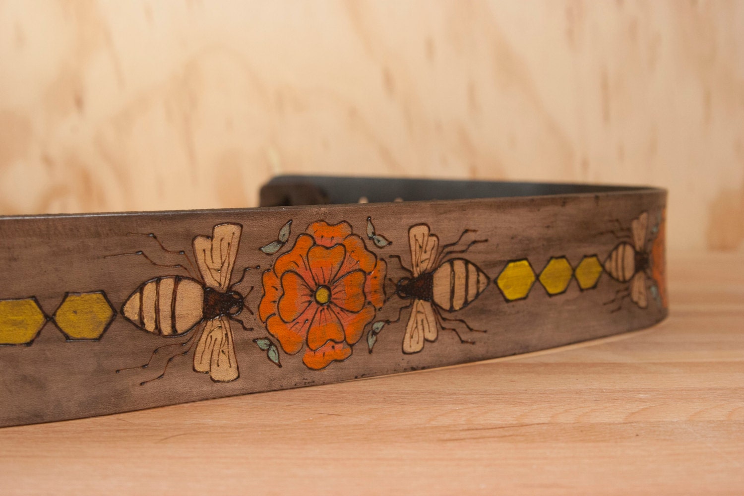Leather Guitar Strap Bee Line Pattern Coral Orange - Etsy