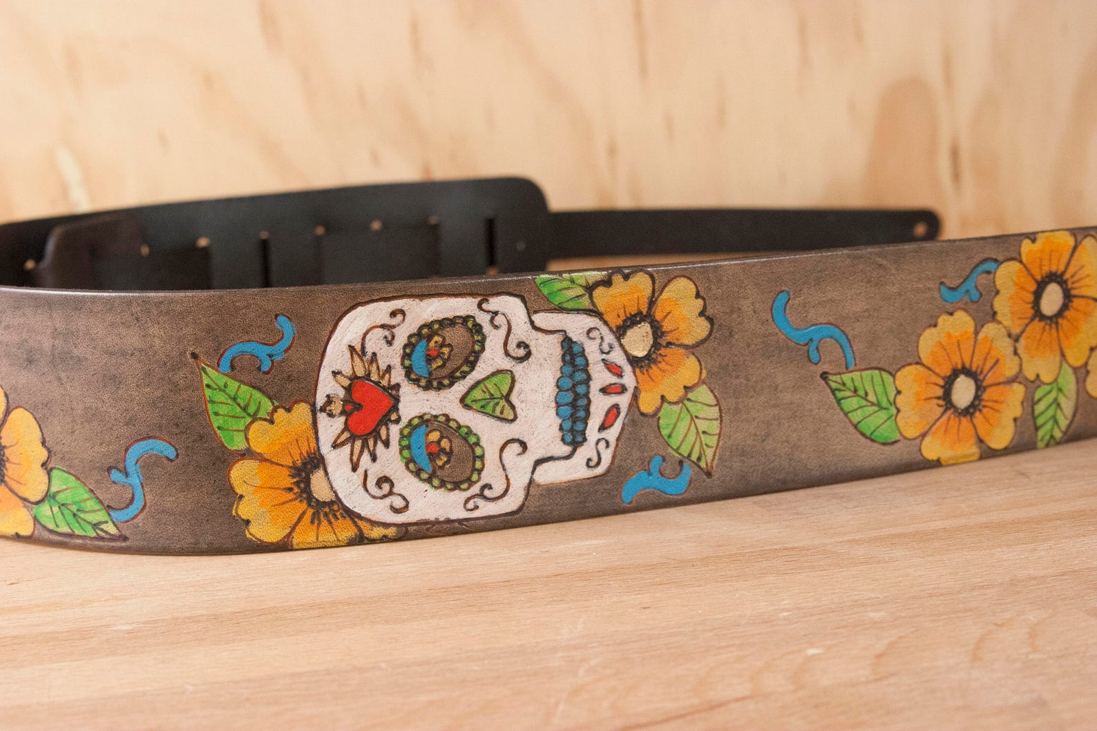 Sugar Skull Guitar Strap Handmade Leather With Sugar Skulls - Etsy