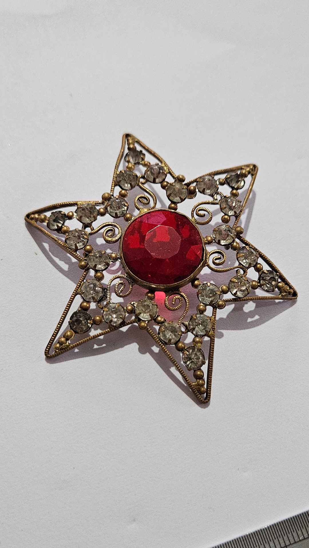Victorian Antique Filigree Brass Paste Glass Ruby Red Stone Star Bodice ...