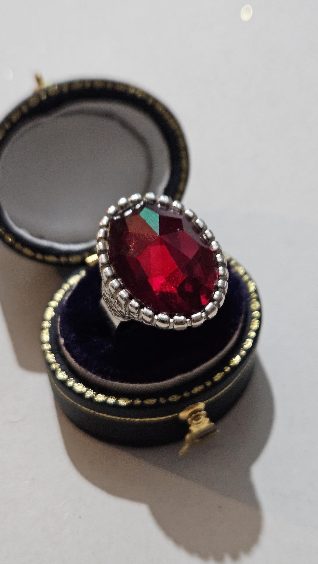Vintage Inverted Red Glass Ring – Silver Tone Statement Ring, Faceted ...