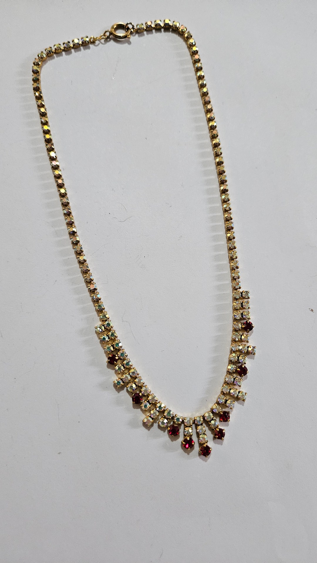 Vintage Rainbow Aurora Borealis & Ruby Red Paste Glass Lavalier Drop ...