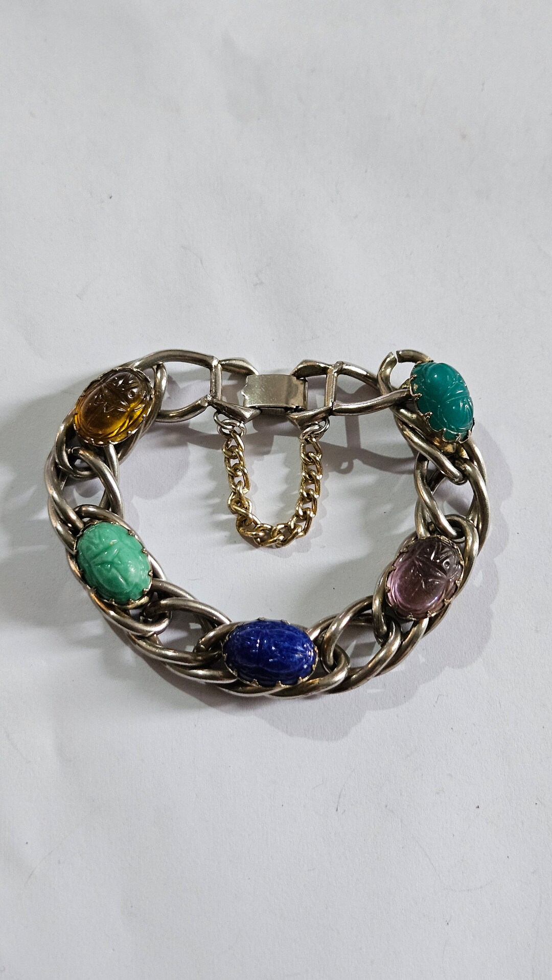 Vintage Kafin New York Glass Cabachon Egyptian Scarab Chain Bracelet - Etsy