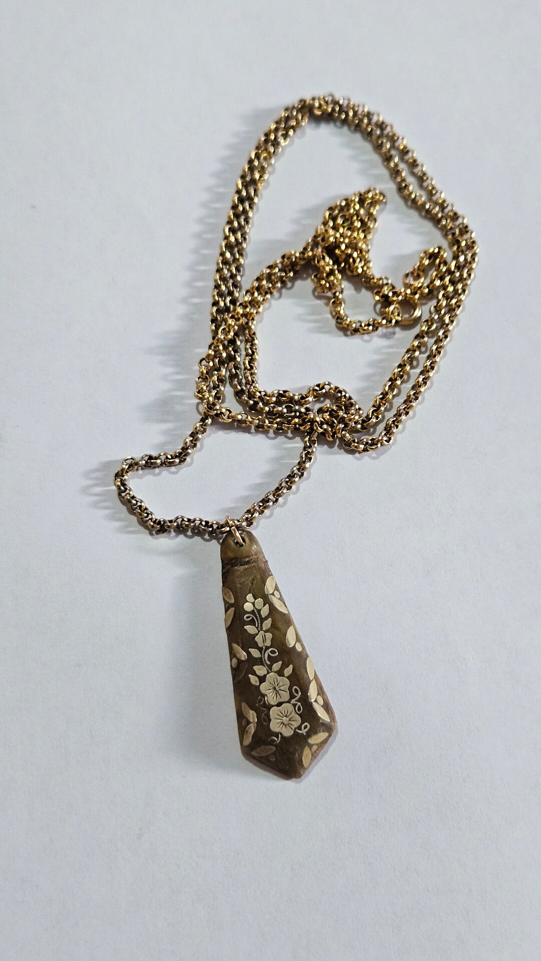 Victorian Antique 9ct Gold Inlay Wooden Pendant Necklace on Gold Plated ...