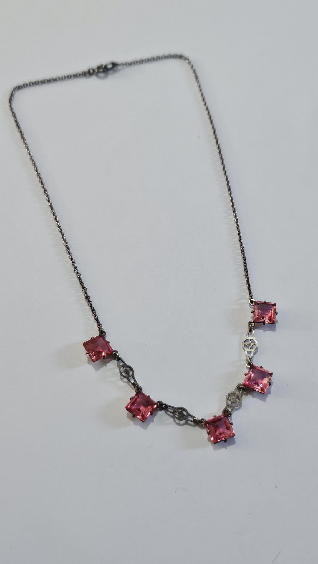 Vintage Art Deco Sterling Silver Pink Crystal Glass Open Bezel Facet ...