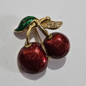 Vintage Gold Plated Enamel Cherry Brooch Pin - Etsy