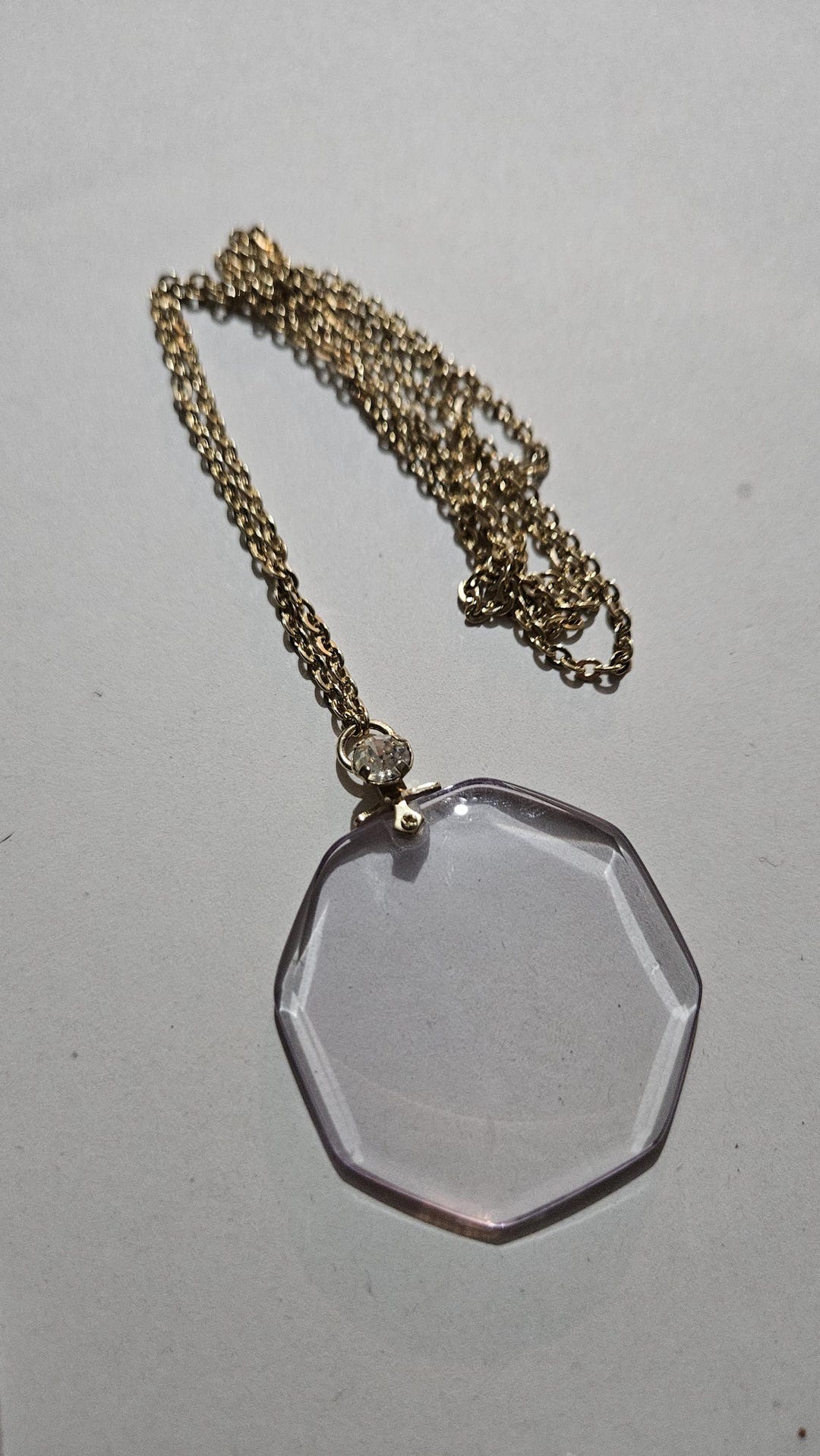 Vintage Plastic Magnifying Pendant Necklace • Clear Lucite Octagon Lens ...