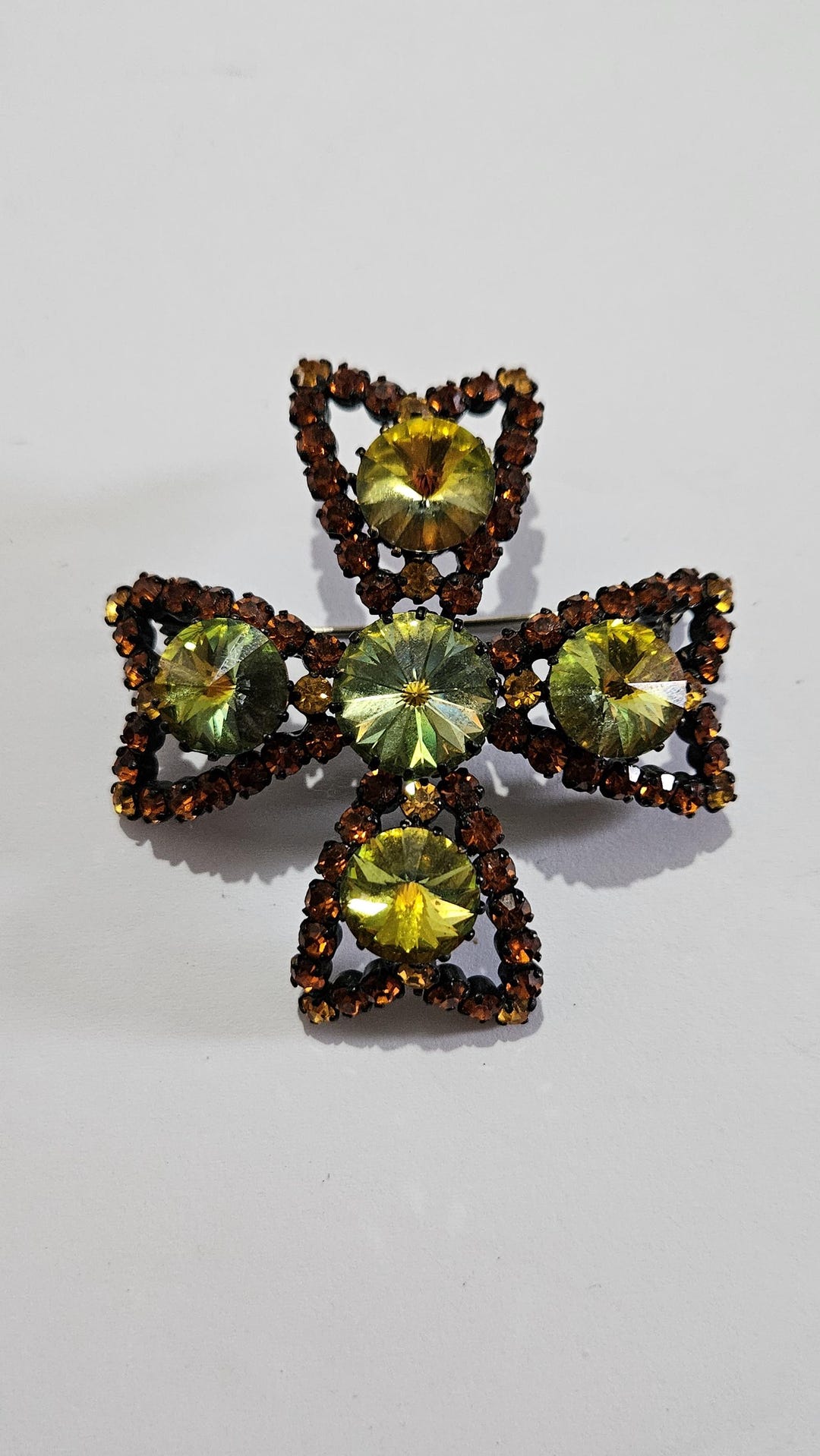 Vintage Inverted Rivoli Green Brown Paste Glass Huge Maltese Cross ...