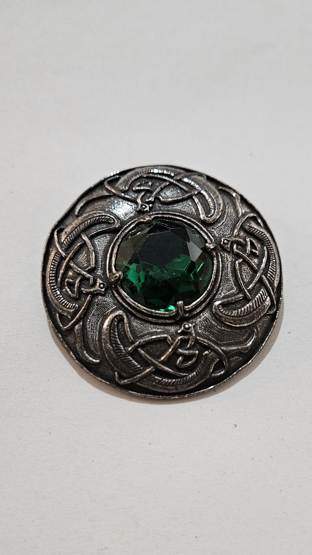 Vintage Miracle Celtic Knot Brooch, Silver Tone, Large Green Faceted ...