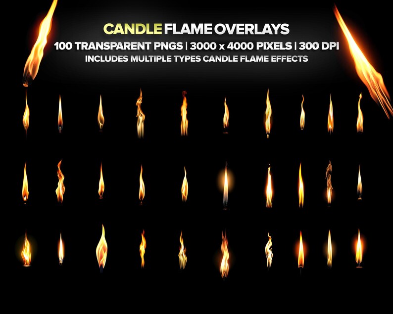 100 Candle Flame Overlays, Fire PNG Overlay, Transparent Light Effects ...