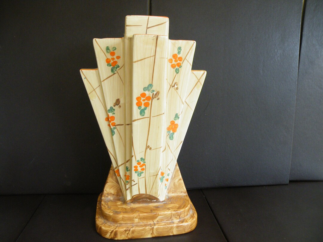 Myott Art Deco Hand Painted Pyramid Vase With Random Orange and Green ...