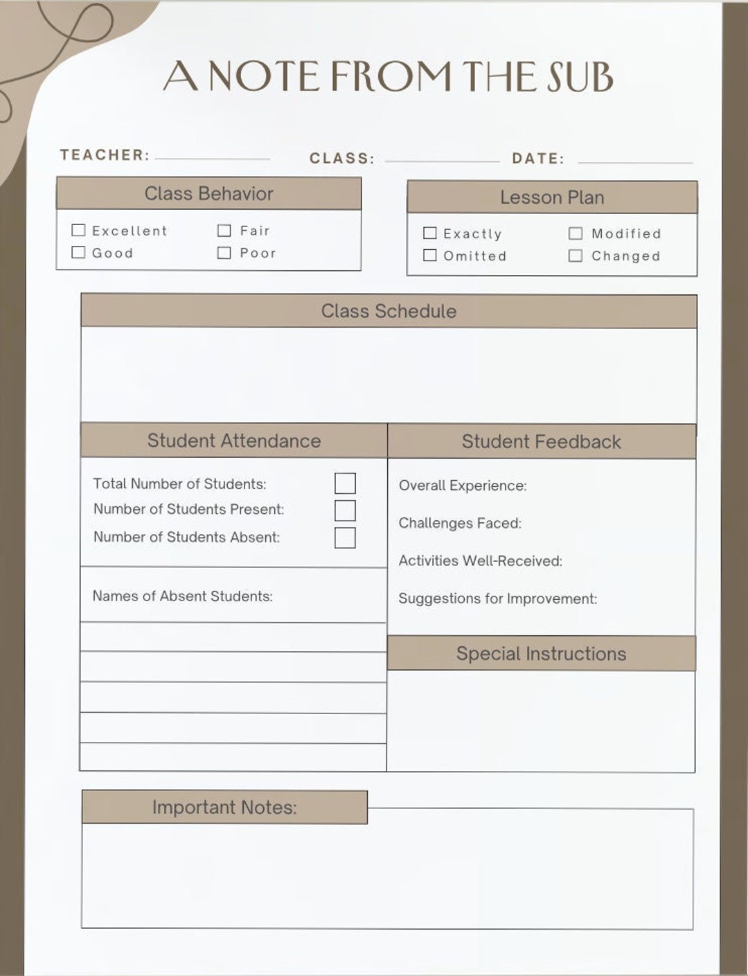 Substitute Note teacher Resource - Etsy
