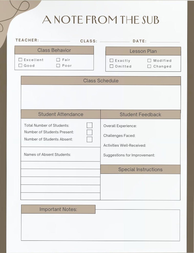 Substitute Note teacher Resource - Etsy
