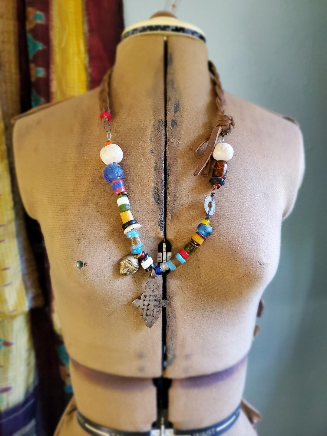 Dusty Relic - African Brass Mask Bead With Glass Beads and Leather ...