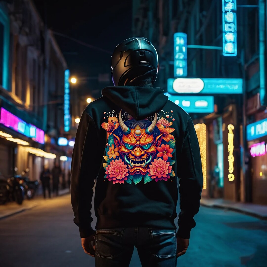 Oni Mask Hoodie, Floral Top, Fierce Style Wear, Bold Apparel, Mystic ...