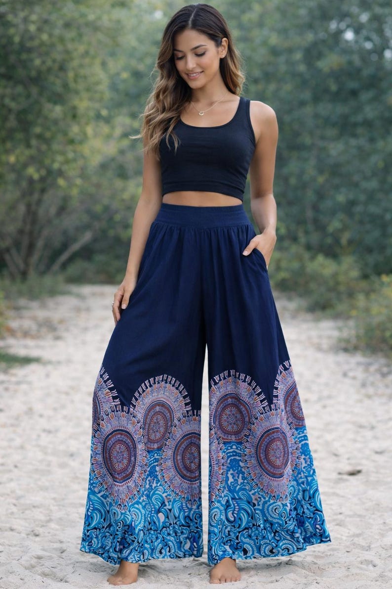 Boho Mandala Print Palazzo Pants, Lightweight Cotton Wide Leg Beach ...