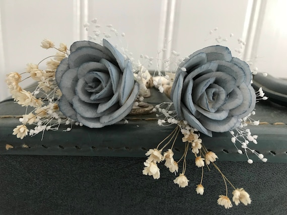 Dusty Blue Boutonniere Grooms Flower Pin on Sola Wood - Etsy