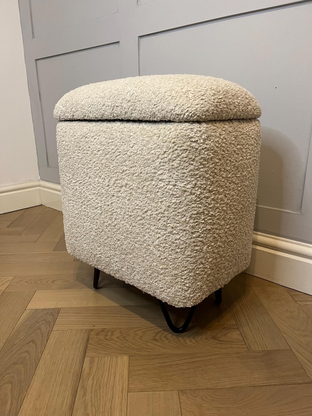 Handmade Boucle Fabric Storage Stool: Black Hairpin Legs Dressing Table ...
