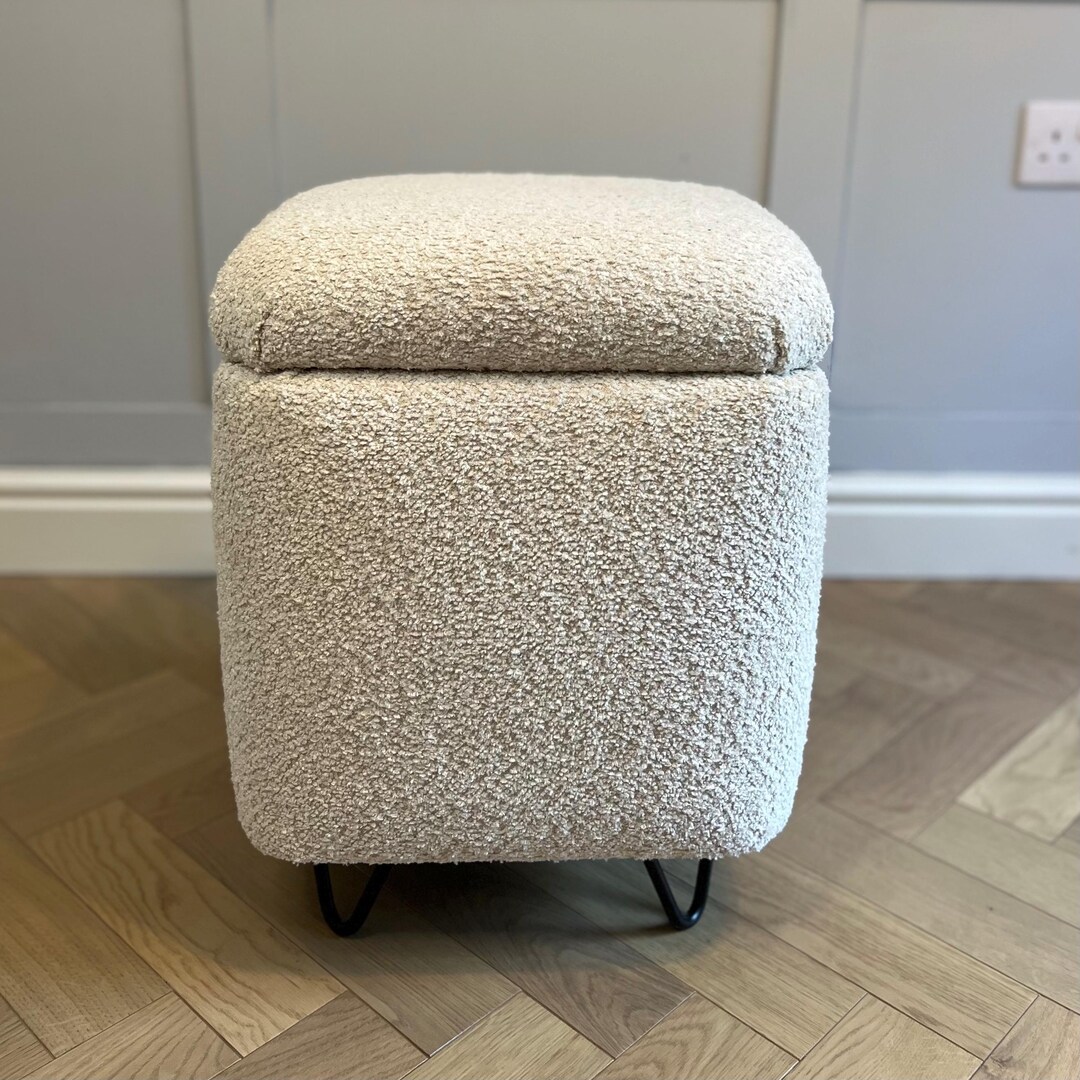 Handmade Bouclé Fabric Storage Stool: Hairpin Legs, Stylish Bedroom ...