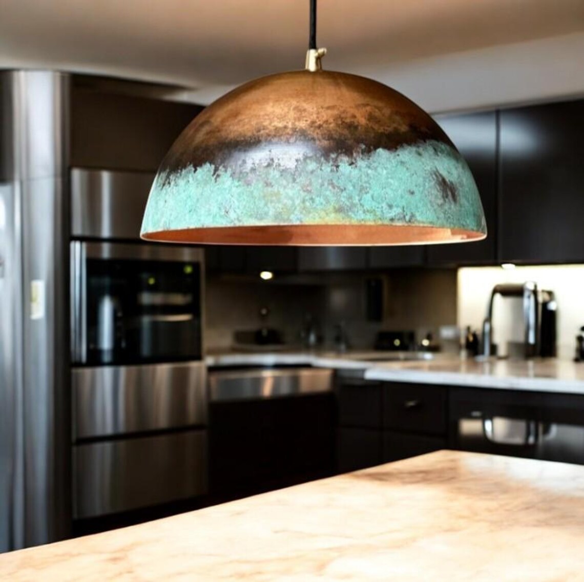 Rustic Copper Patina Pendant Light, Handmade Dome Lamp, Vintage ...