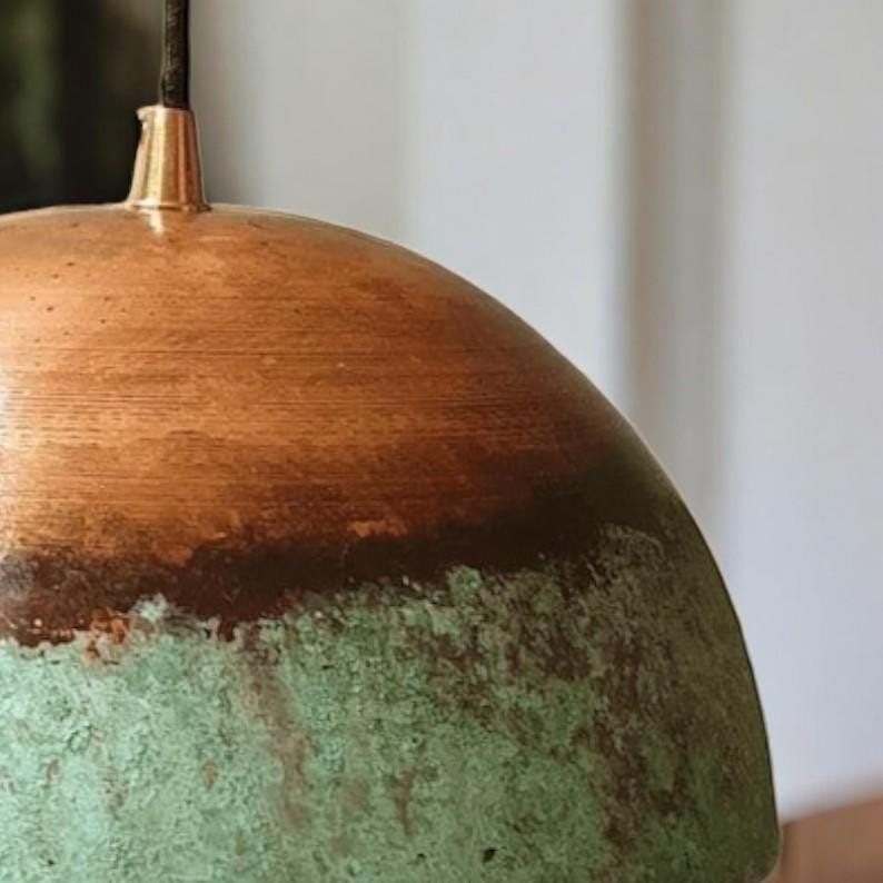Rustic Copper Patina Pendant Light, Handmade Dome Lamp, Vintage ...