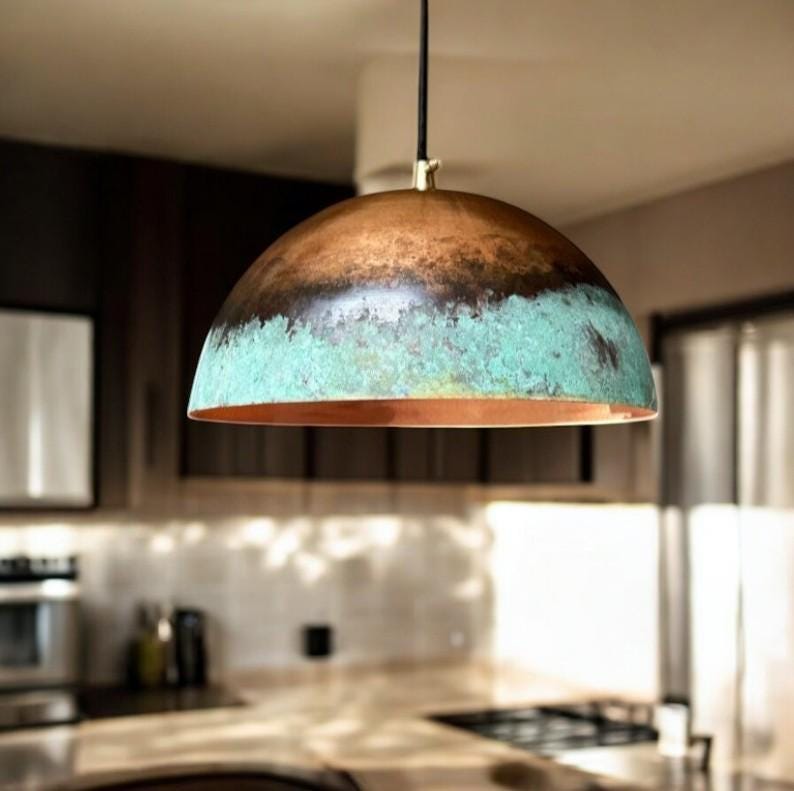 Rustic Copper Patina Pendant Light, Handmade Dome Lamp, Vintage ...