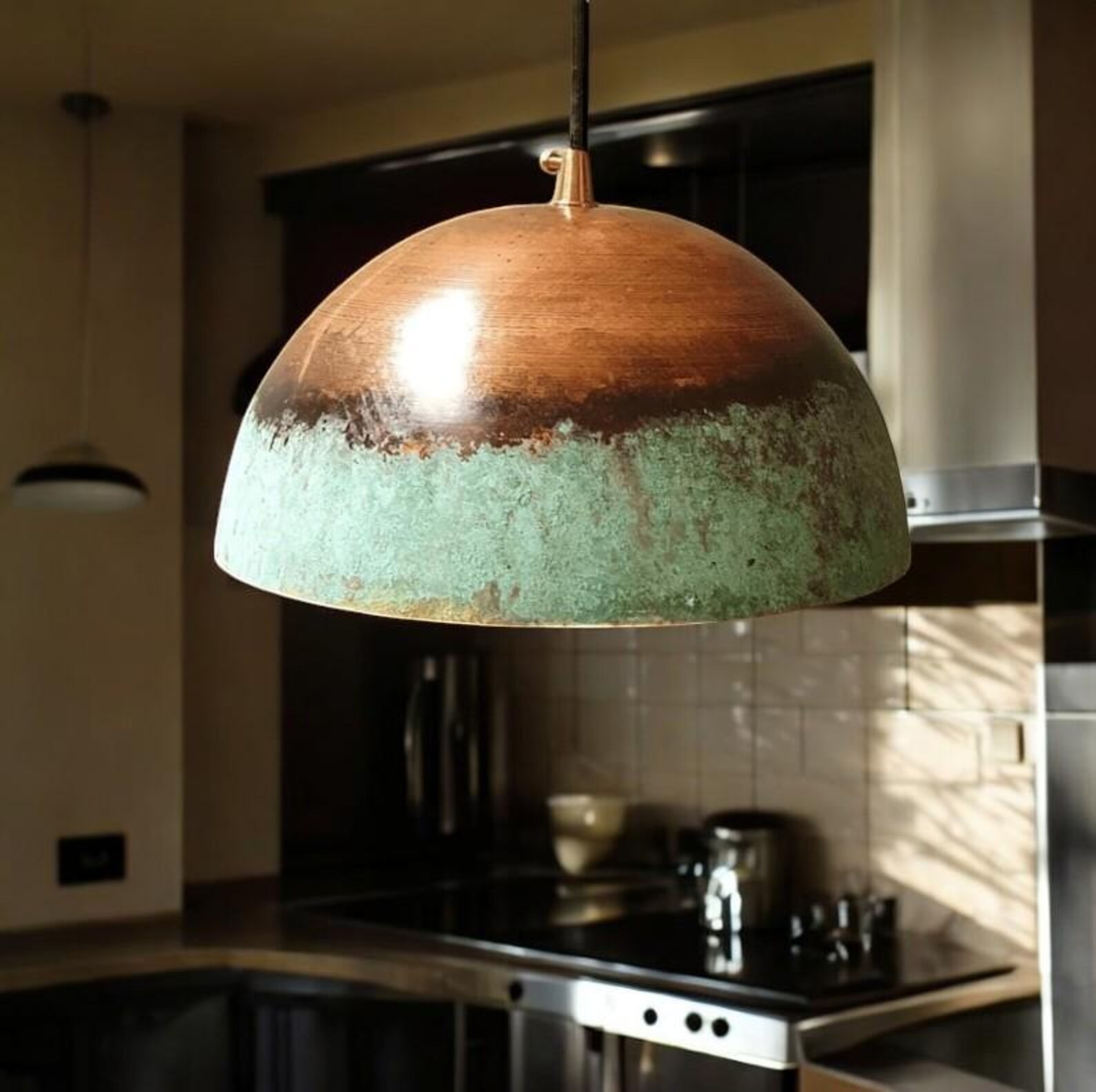 Rustic Copper Patina Pendant Light, Handmade Dome Lamp, Vintage ...