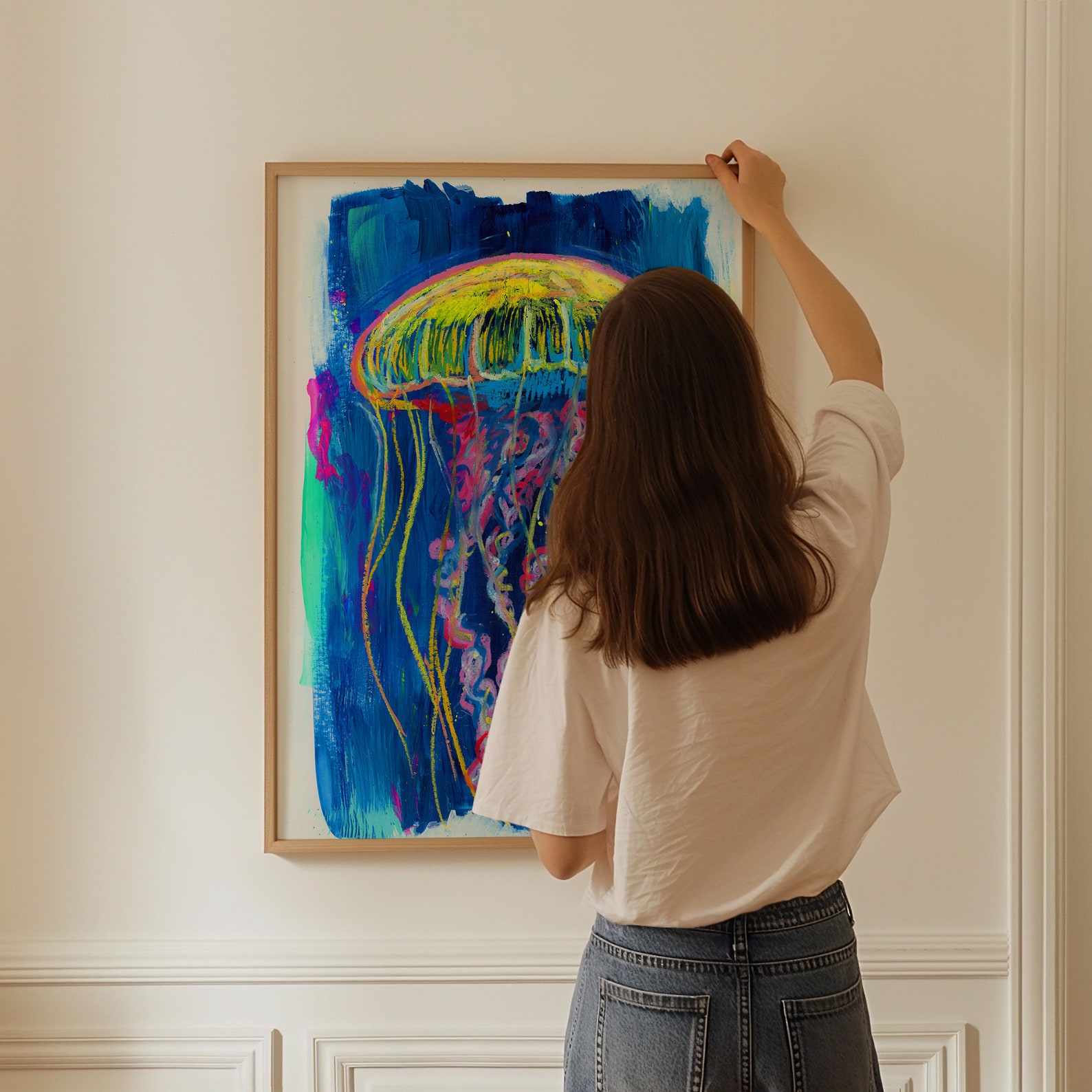 Neon Jellyfish Art Print - Hand-painted Underwater Ocean Decor Poster ...