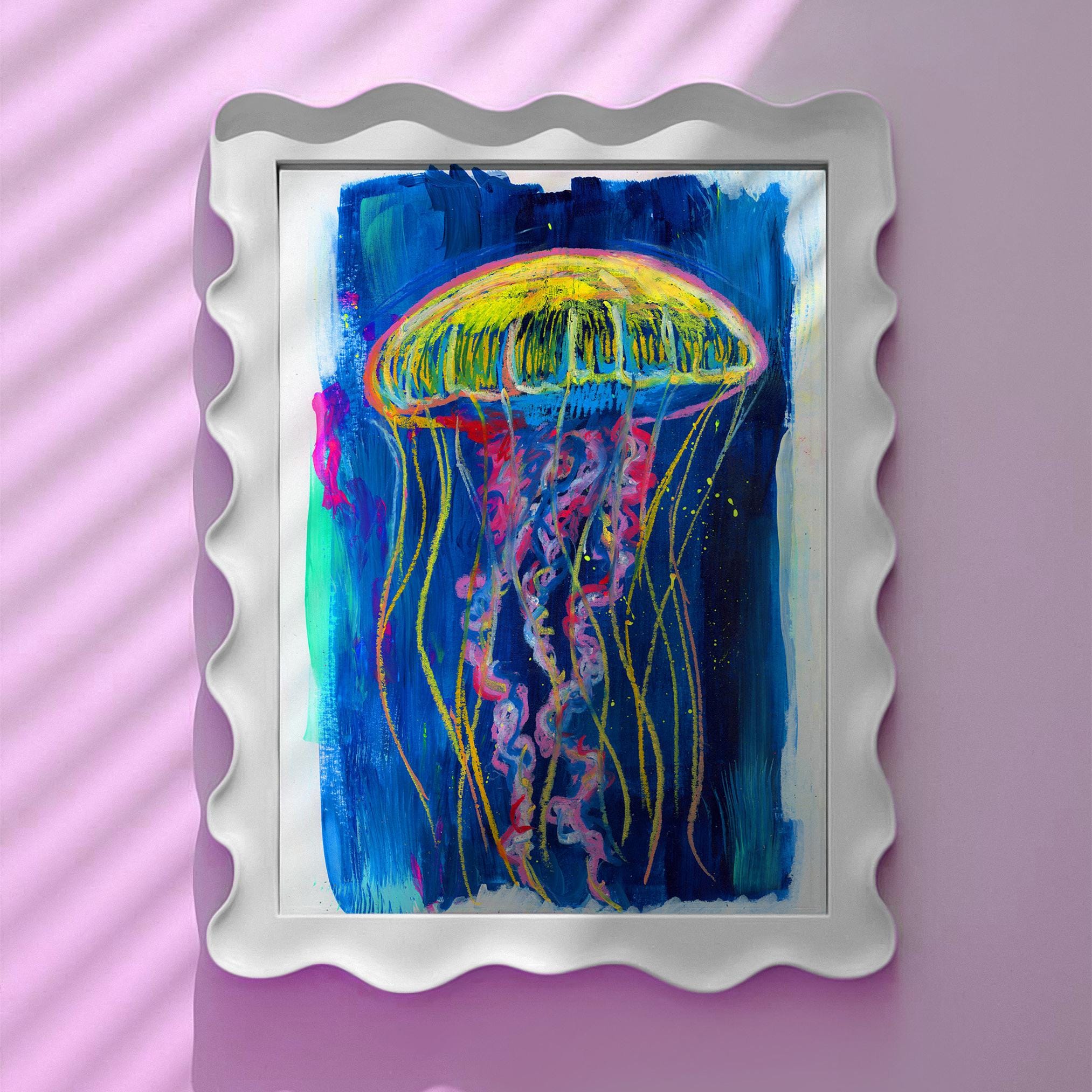 Neon Jellyfish Art Print - Hand-painted Underwater Ocean Decor Poster ...