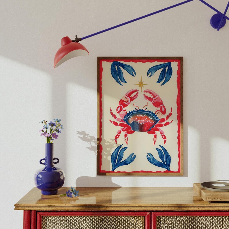 Crab Art Print in Matisse Style, Maximalist Decor With Seafood Wall ...