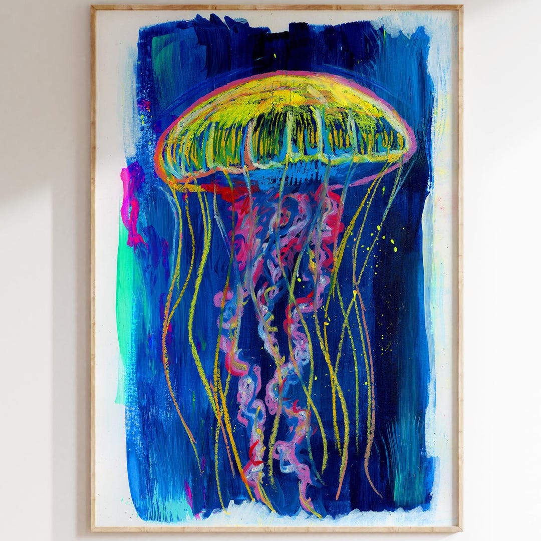 Neon Jellyfish Art Print - Hand-painted Underwater Ocean Decor Poster ...