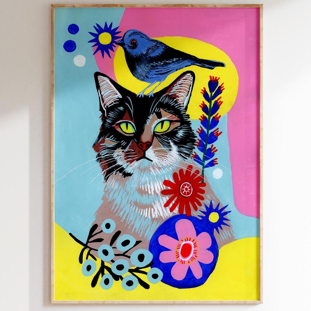 Funky Cat Illustration, Funny Cat Print, Abstract Cat Wall Art, Cute ...