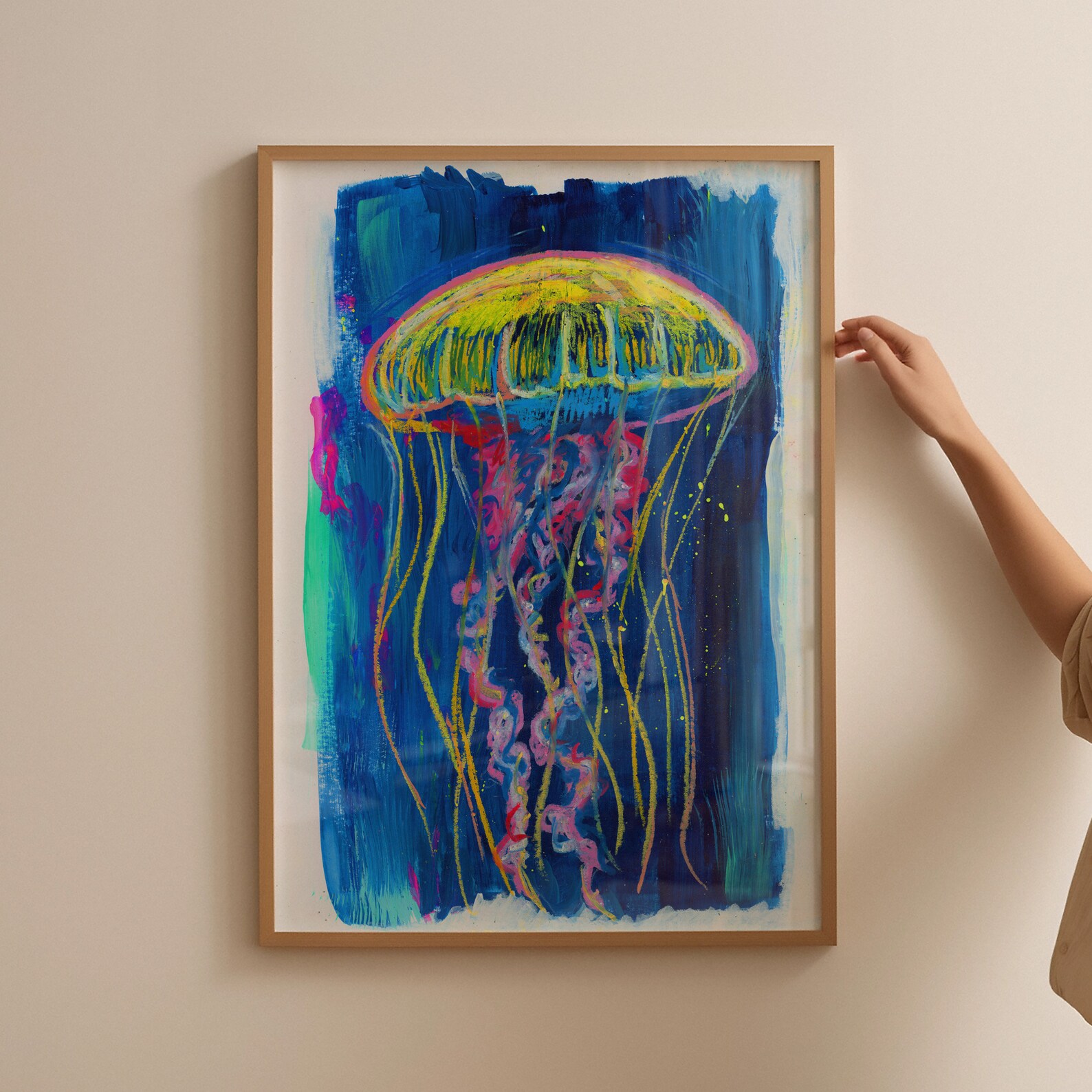 Neon Jellyfish Art Print - Hand-painted Underwater Ocean Decor Poster ...
