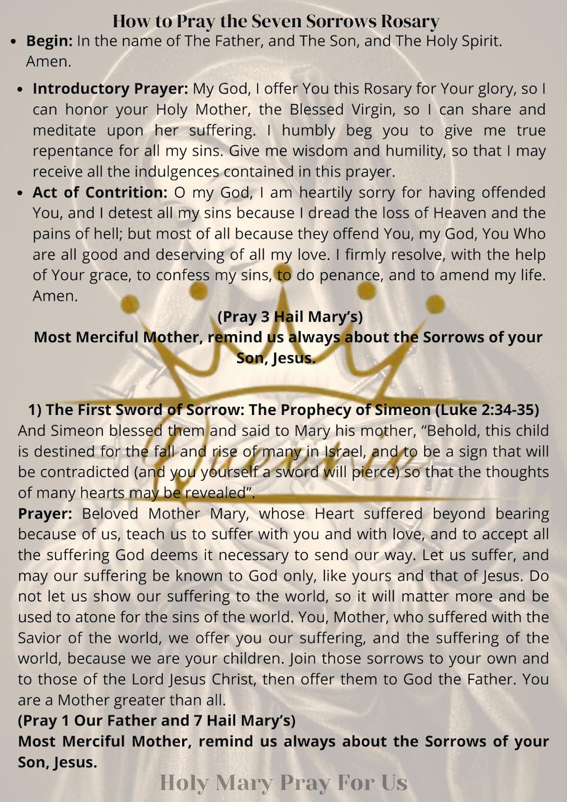 Sorrowful Heart of Mary Prayer I Printable Prayer of 7 Sorrows Rosary I ...