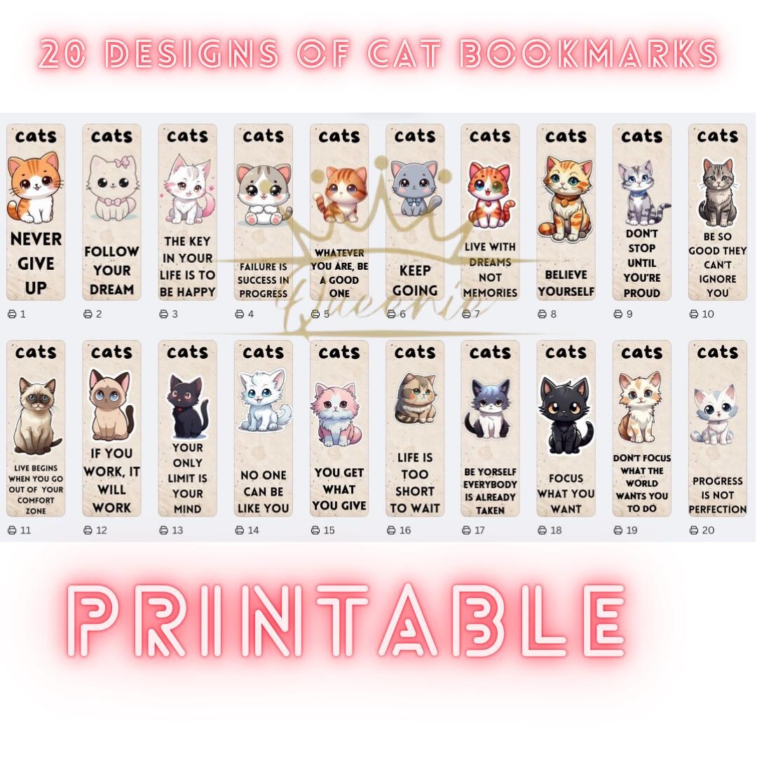 Printable Cats Bookmarks I Digital Motivation Quotes Bookmarks I ...