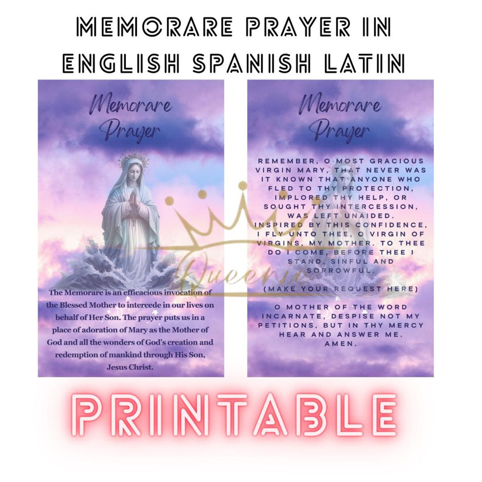 Printable Memorare Prayer in English Spanish Latin I Digital Prayer ...