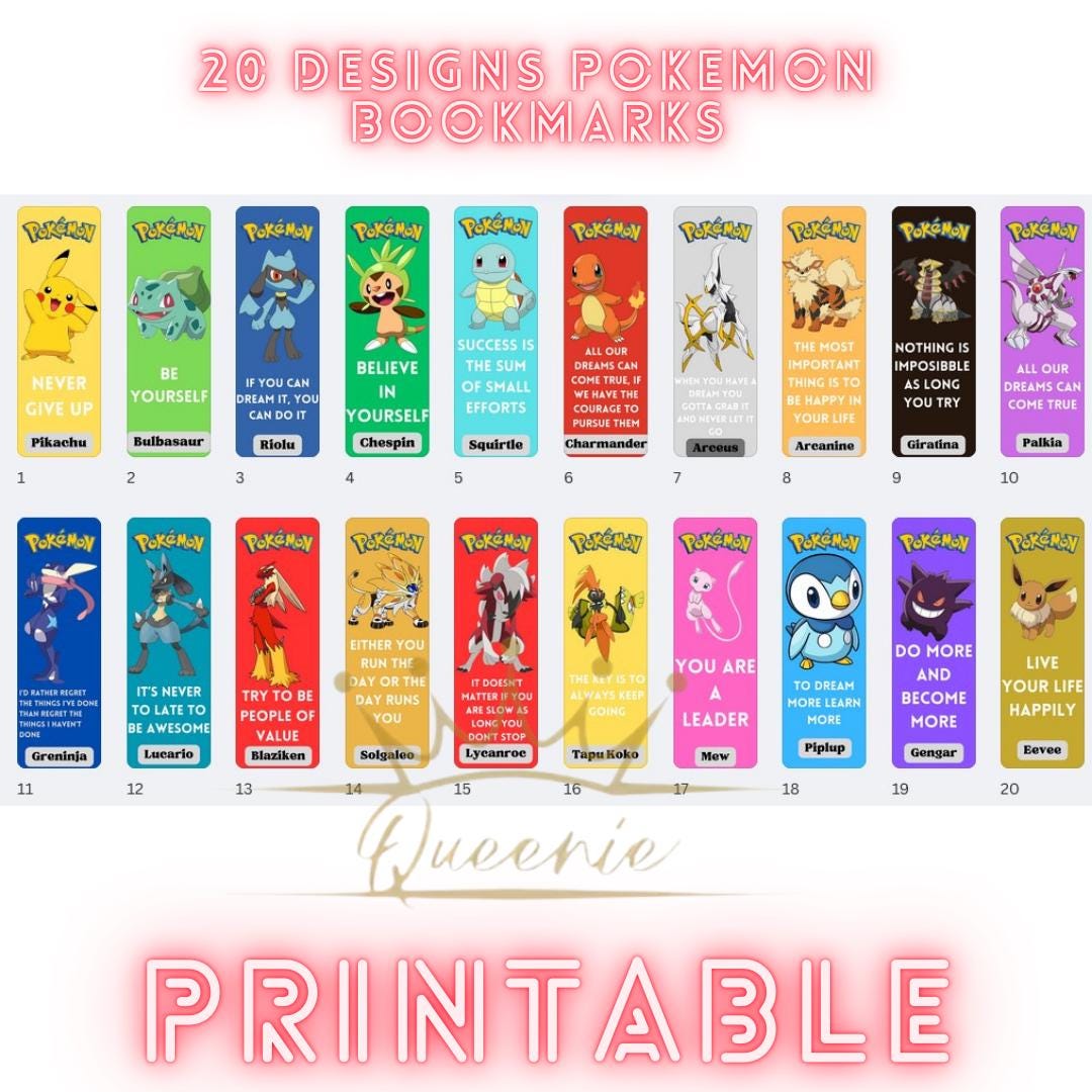Printable Pokemon Pikachu Riolu Bookmark I Digital Chespin Squirtle ...