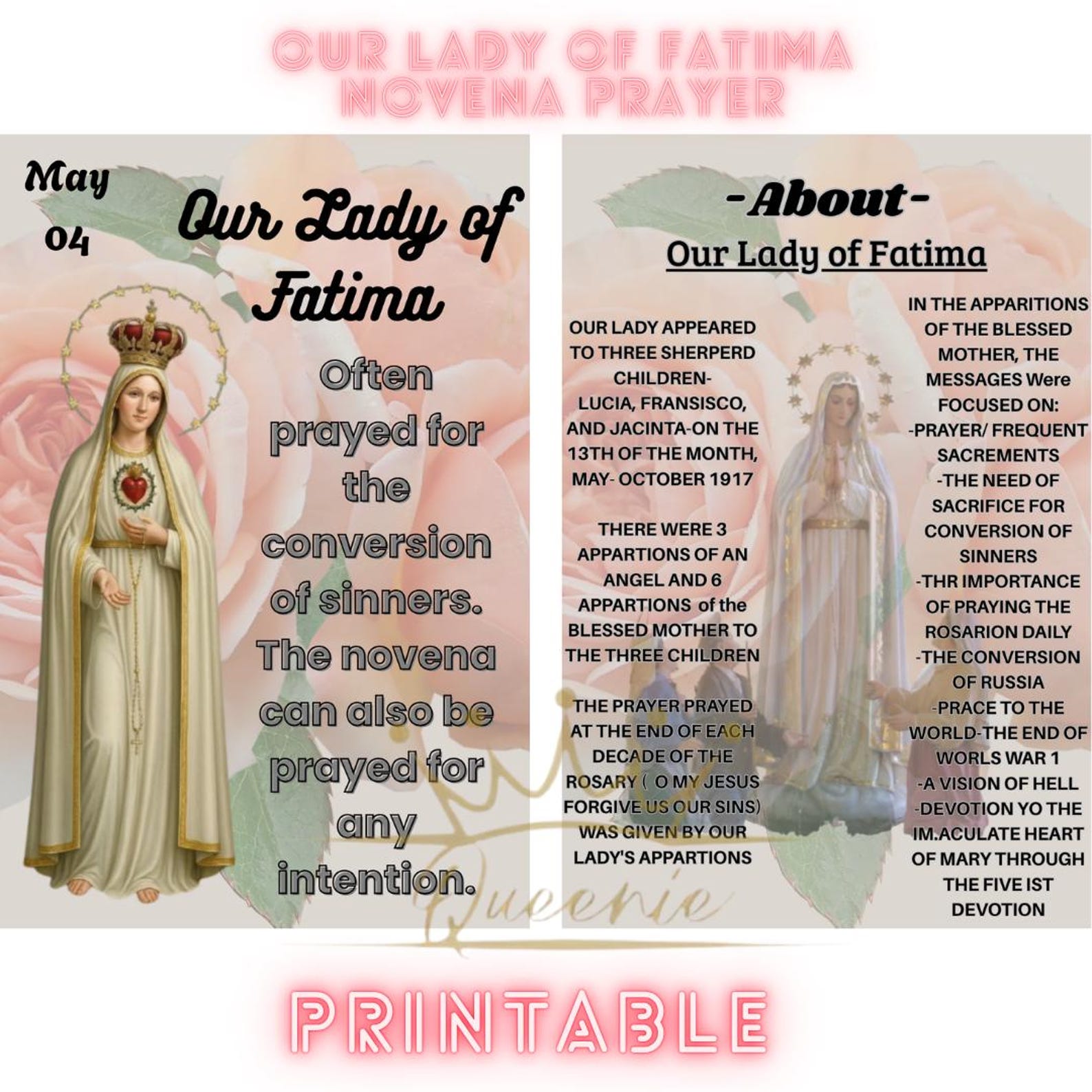 Printable Our Lady of Fatima Prayer Card I Digital Our Lady of Fatima ...