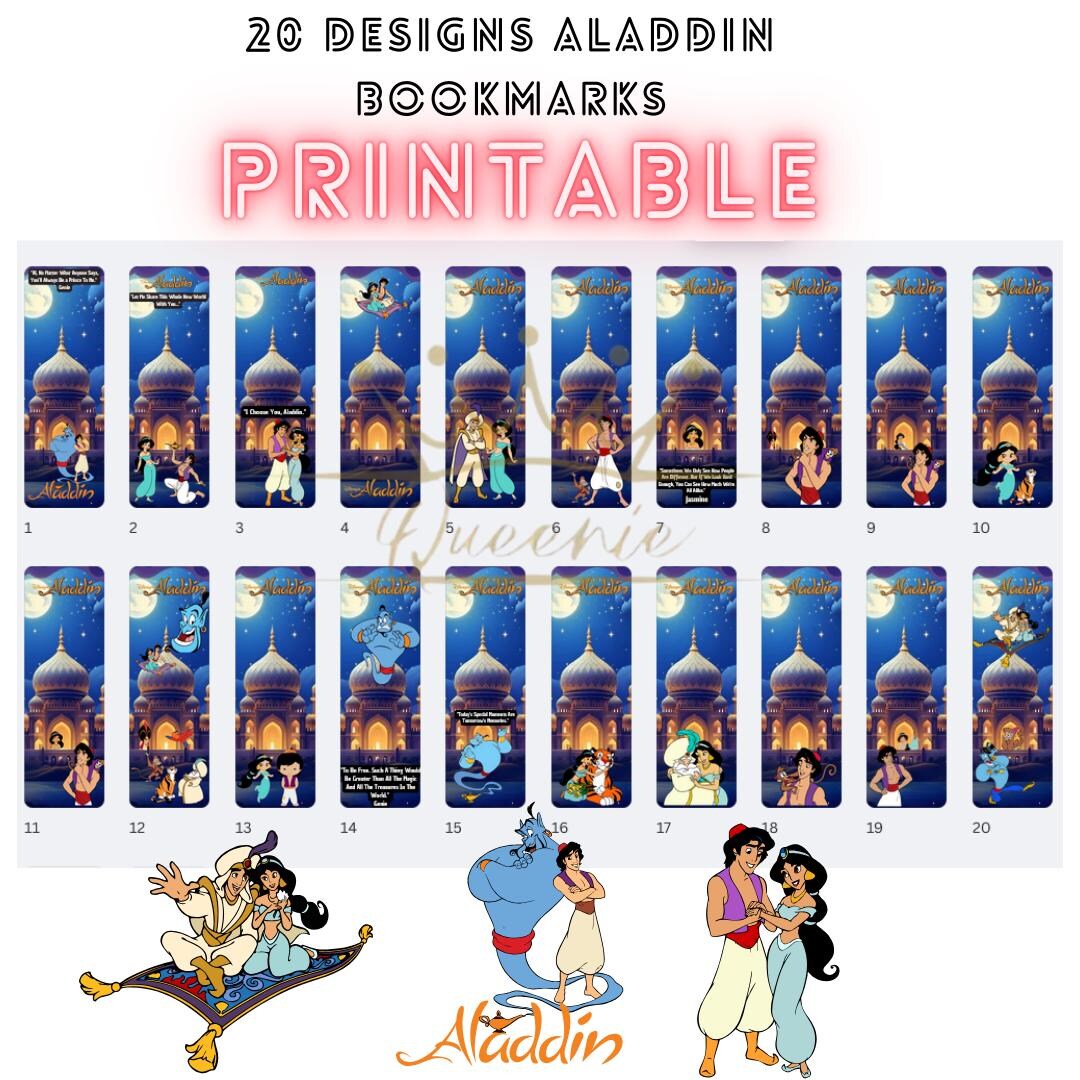 Printable Aladdin Disney Bookmark I Digital Genie Abu Jasmine Bookmark ...
