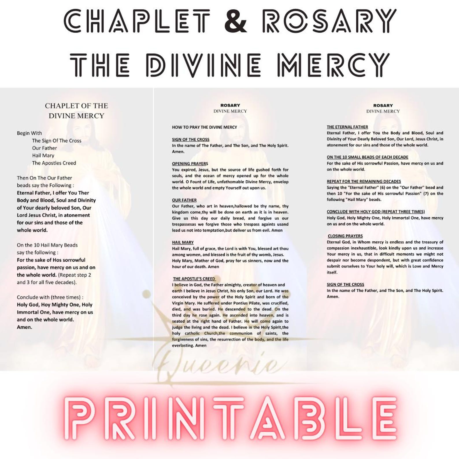 Printable the Divine Mercy Chaplet Rosary Prayer I Printable Divine ...