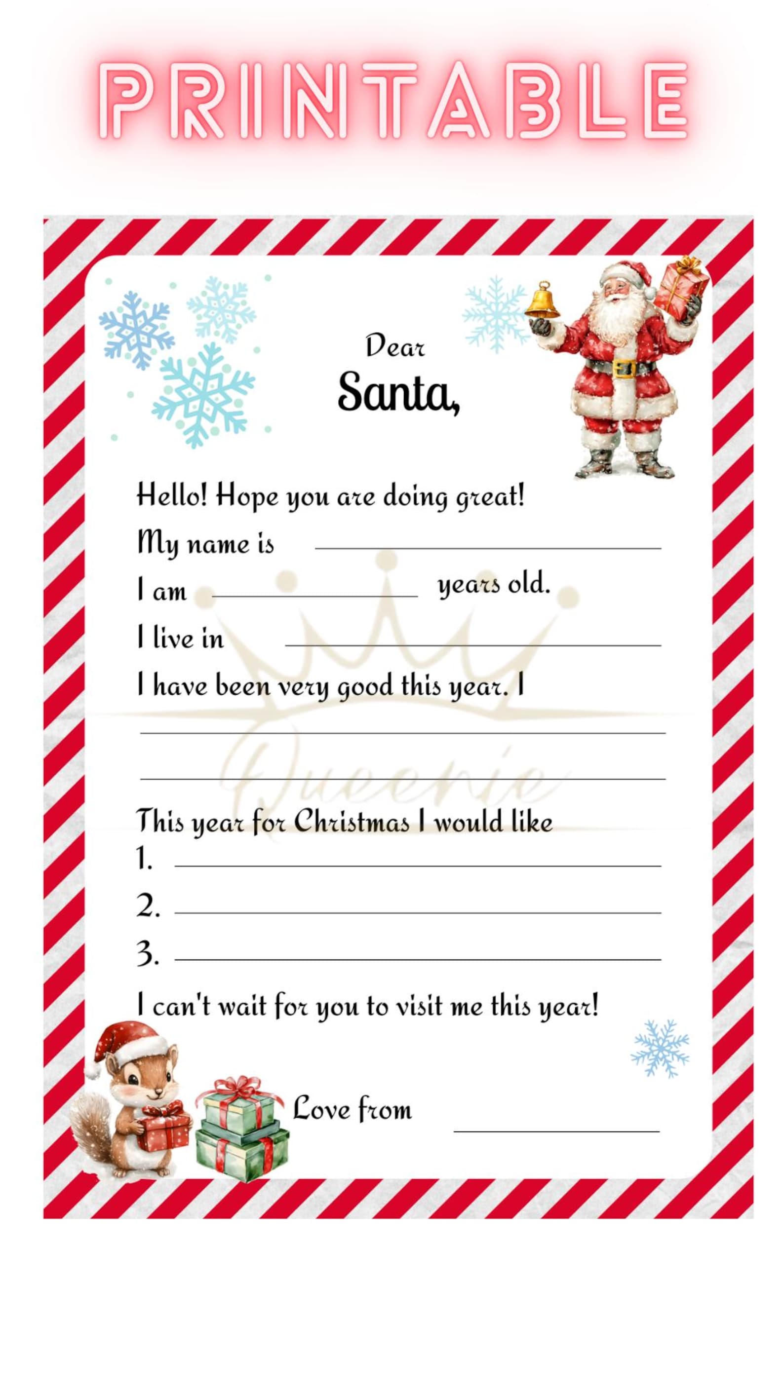 Printable Cute Letter to Santa Kids Template I Christmas Wish List I ...