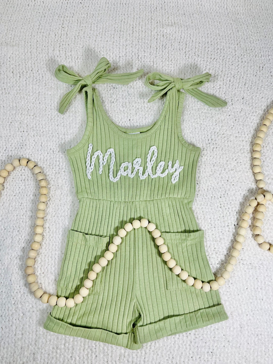 Hand Embroidered Knit Romper, Personalized Pocket, Summer Toddler ...