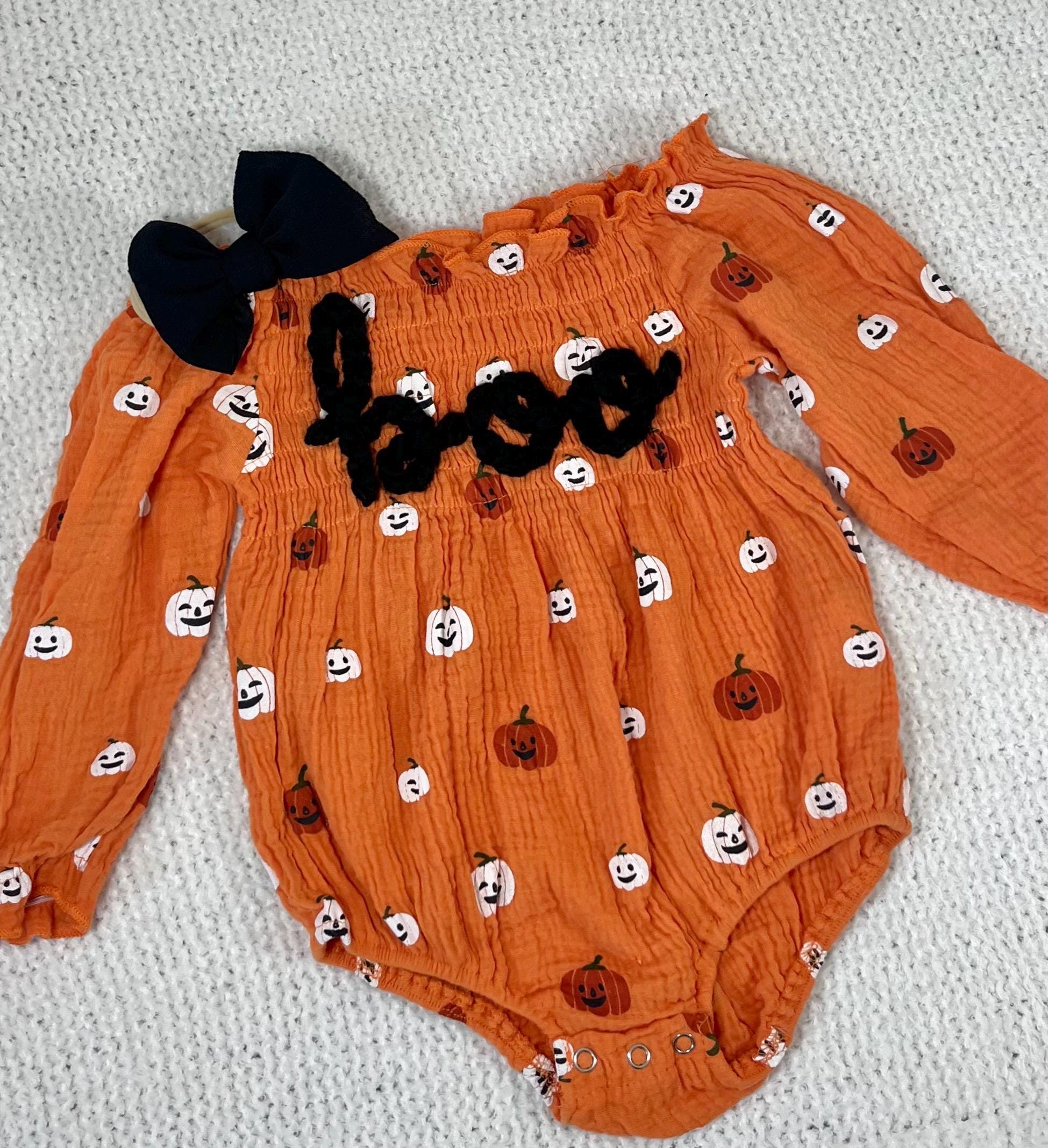 Hand Embroidered Pumpkin Halloween Ghost Boo Bubble Romper Baby Toddler Girls Orange Neutral ...