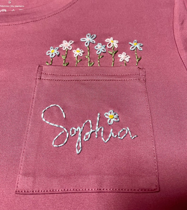 Hand Embroidered Women’s Pocket Tee With Flowers Personalized Monogram ...