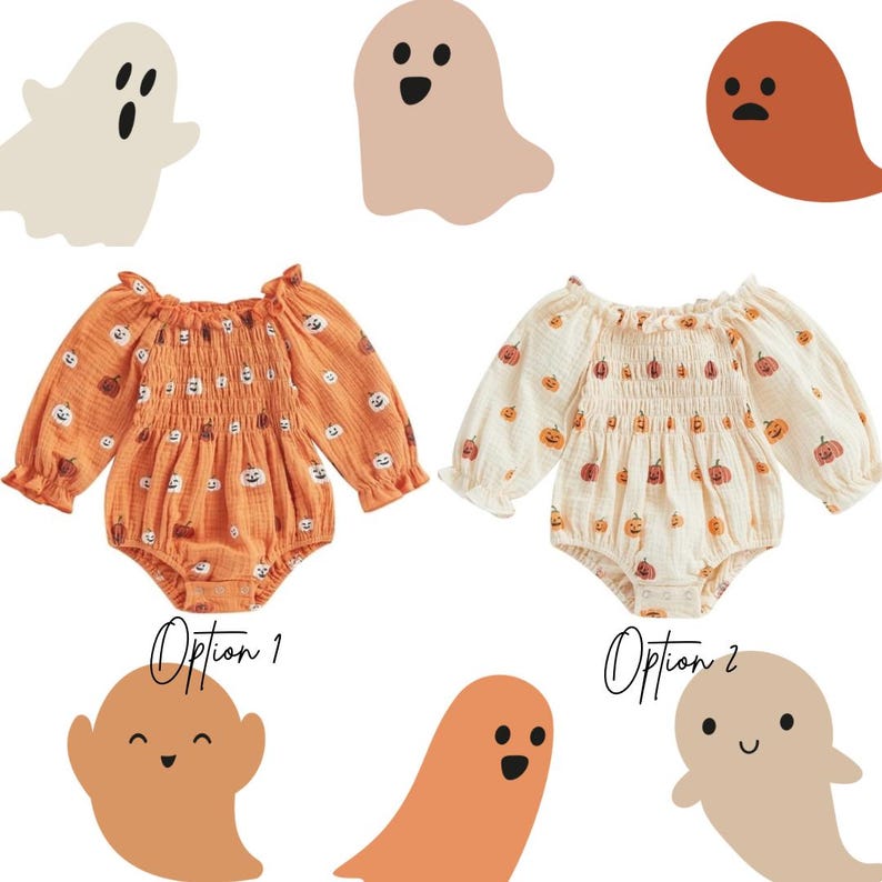 Hand Embroidered Pumpkin Halloween Ghost Boo Bubble Romper Baby Toddler Girls Orange Neutral ...
