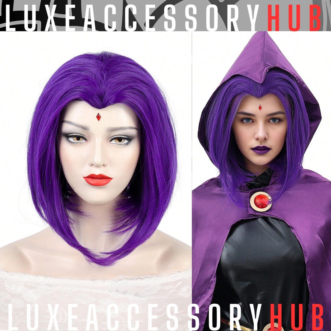 Purple Bob Wig With Ruby Sticker for Women's Superhero Raven Cosplay ...