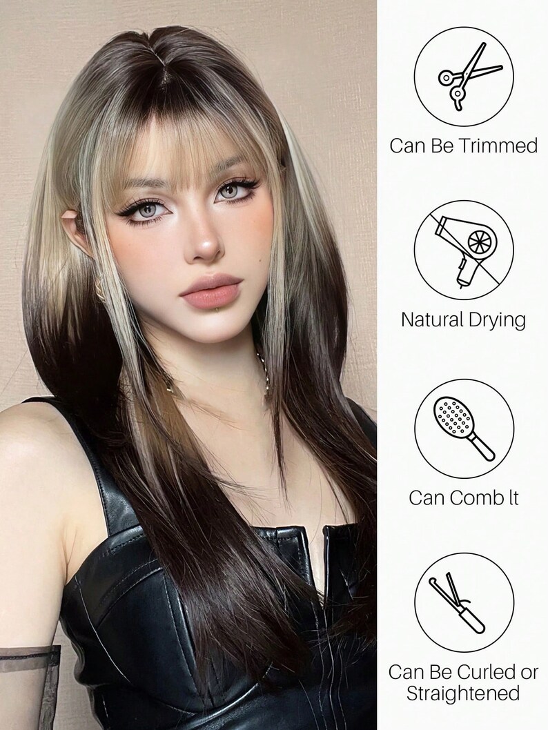 26 Inch Black Golden Synthetic Wigs for Cosplay Long Straight Layered ...