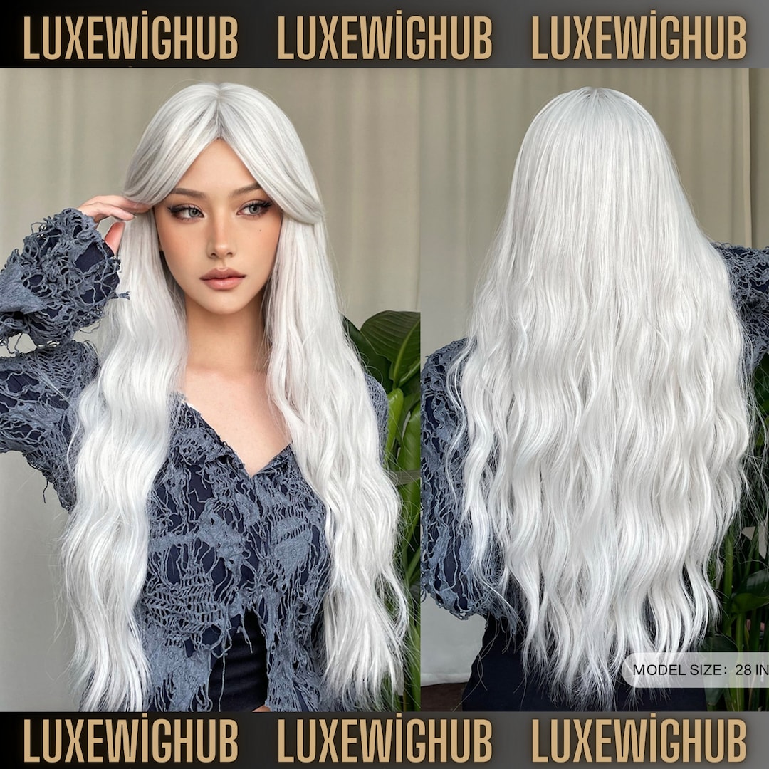 White Natural Long Curly Wig With Bangs for Women Synthetic Heat ...