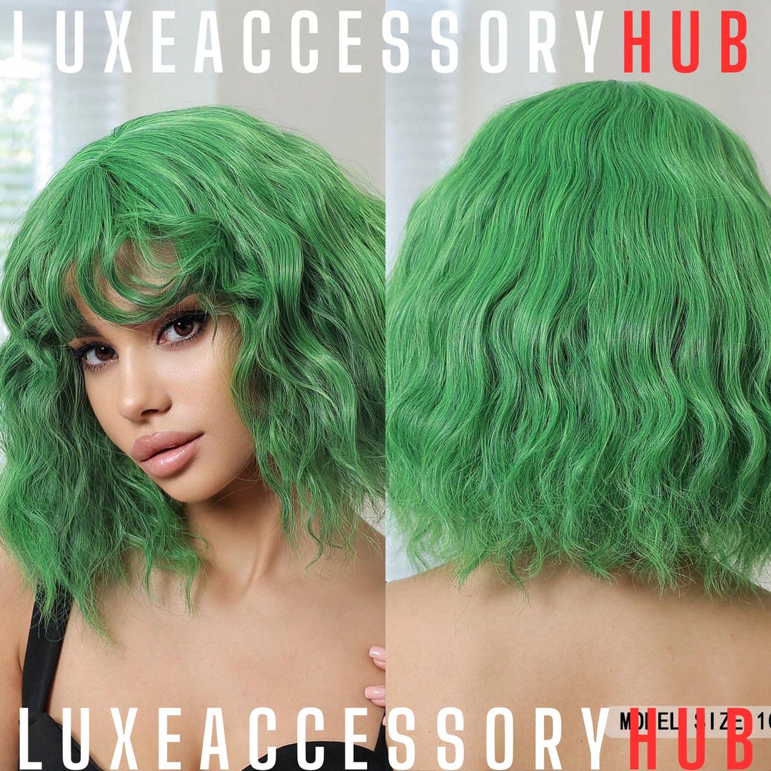 Holiday Party Style Water Wave Wig Bangs Green 10inch Short Hair Heat Resistant Fiber Natural