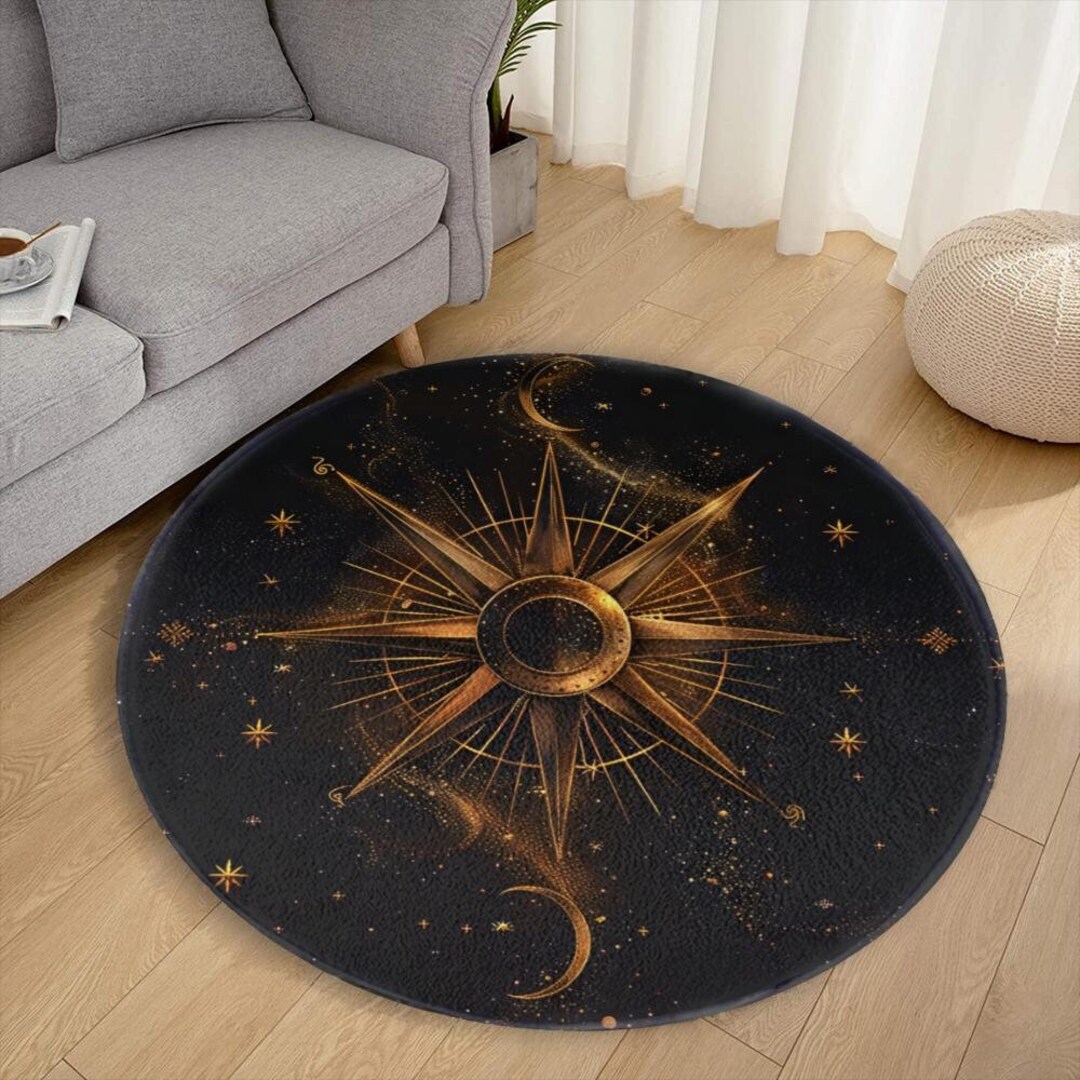 Celestial Stars Rug, Crescent Round Rug, Zodiac Mystic Theme Rug, Dark ...